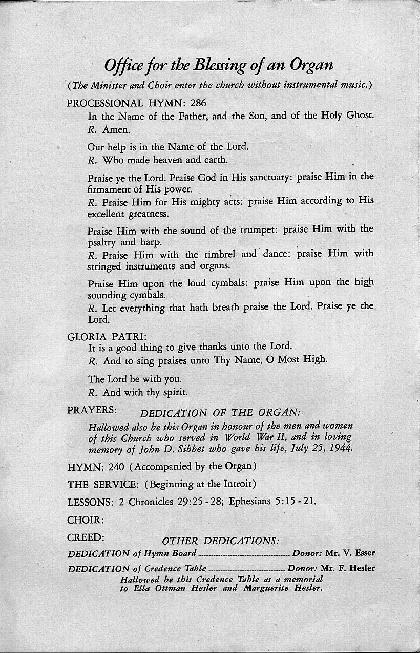 Keates Pipe Organ Dedication Program – Jan 25th, 1948 | St. Matthew's ...