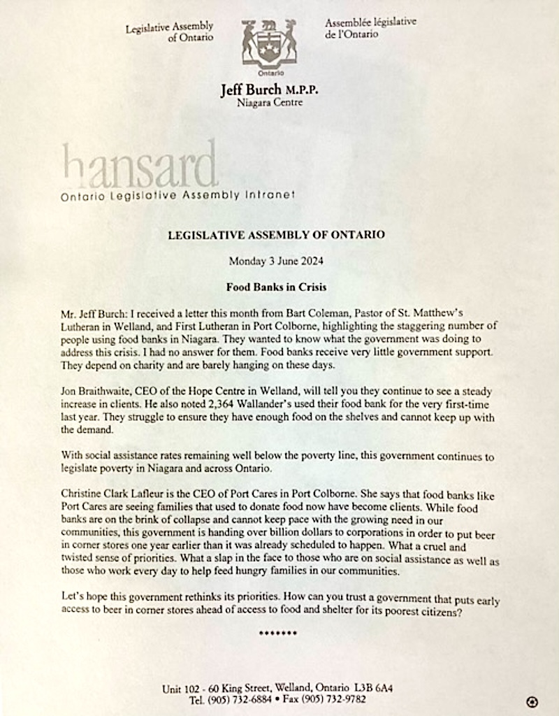 Reply from MPP Jeff Burch: Food Banks in Niagara | St. Matthew's ...